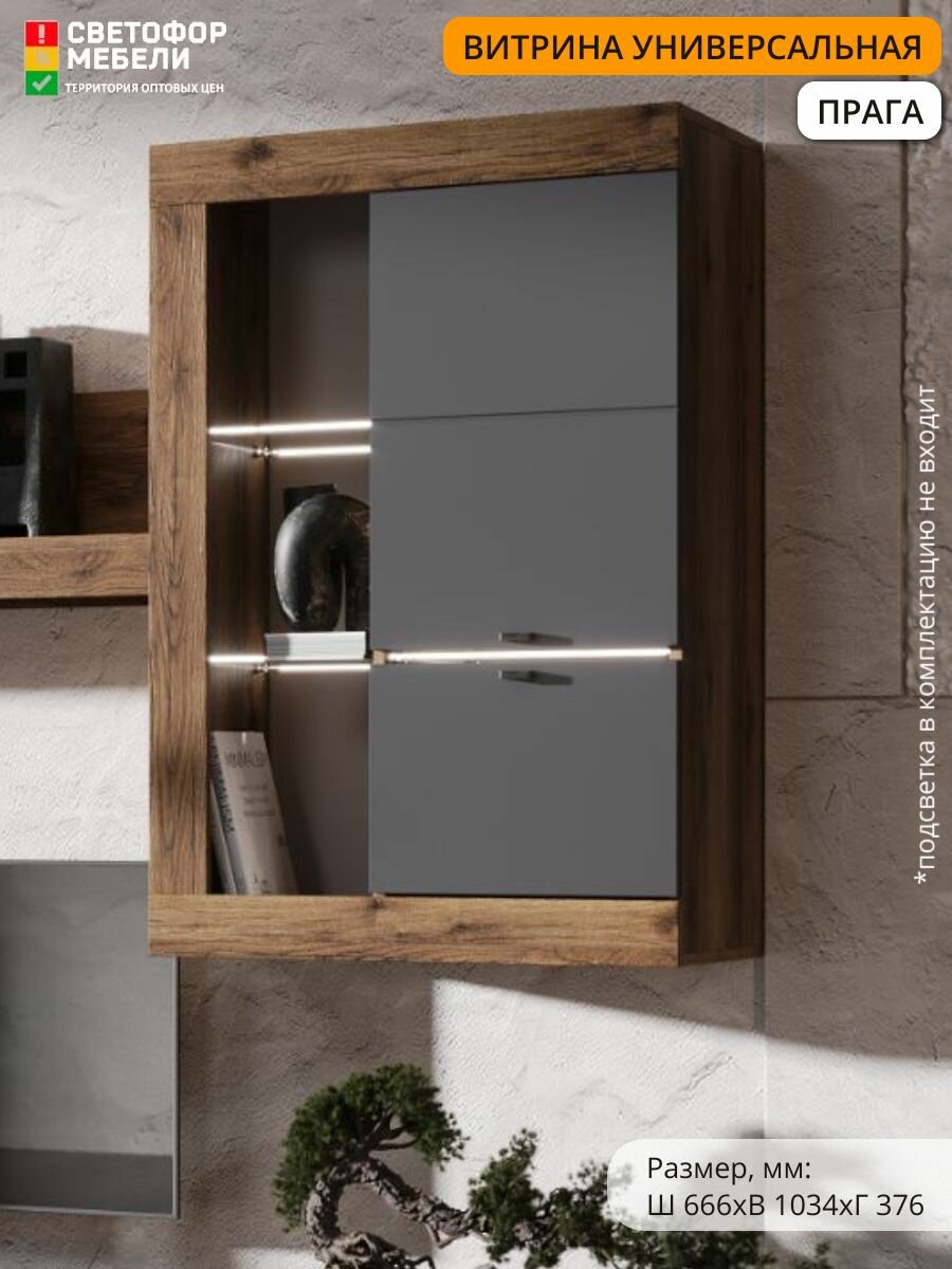 Шкаф-витрина универсальная Эра Прага 666х1034х376, Дуб делано/Графит софт