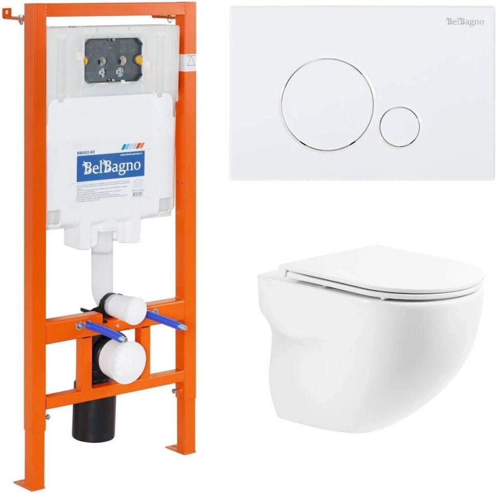 Комплект инсталляция с унитазом BelBagno Sfera BB066CHR/BB870SC/BB002-80/BB014-SR-BIANCO с кнопкой смыва, белый + унитаз подвесной BelBagno Onda безободковый, с сиденьем микролифт, белый