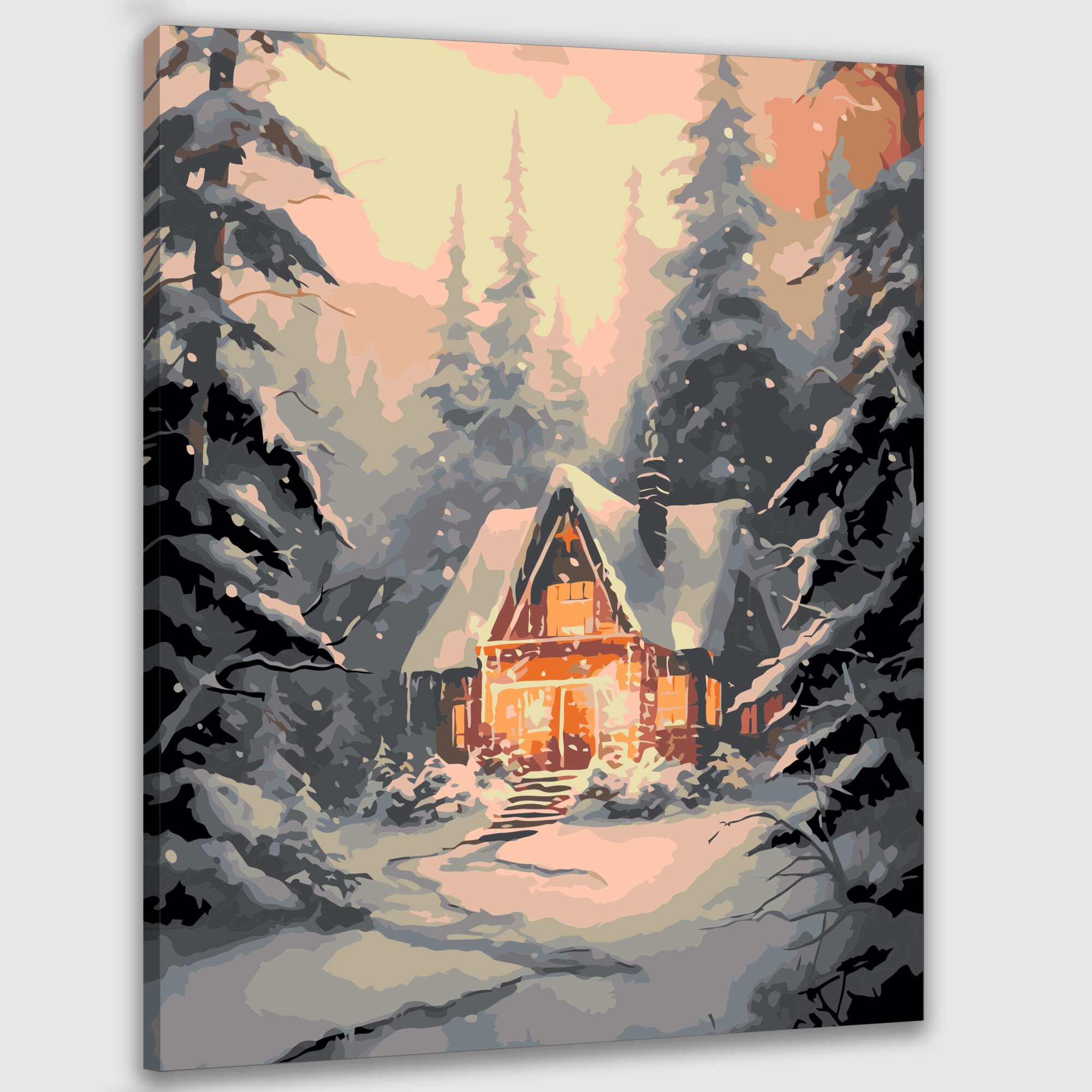 Картина по номерам 40x50 см, акварельная картина, зимняя хижина, заснеженный лес, дым из трубы, теплое сияние, радость