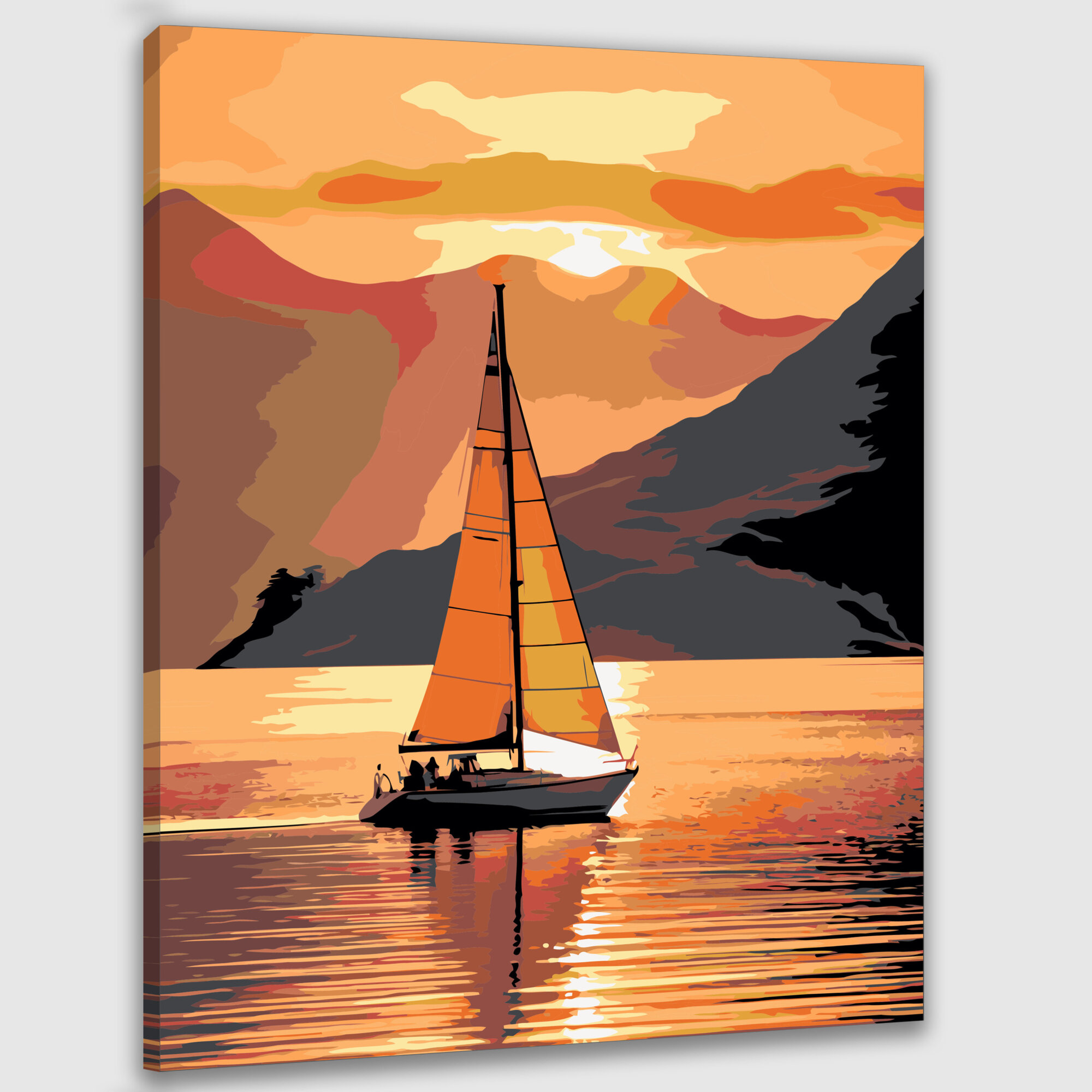 Картина по номерам 40x50 см, фотография, парусная лодка, озеро, закат, горы, свет, вода, небо, парусник, свобода