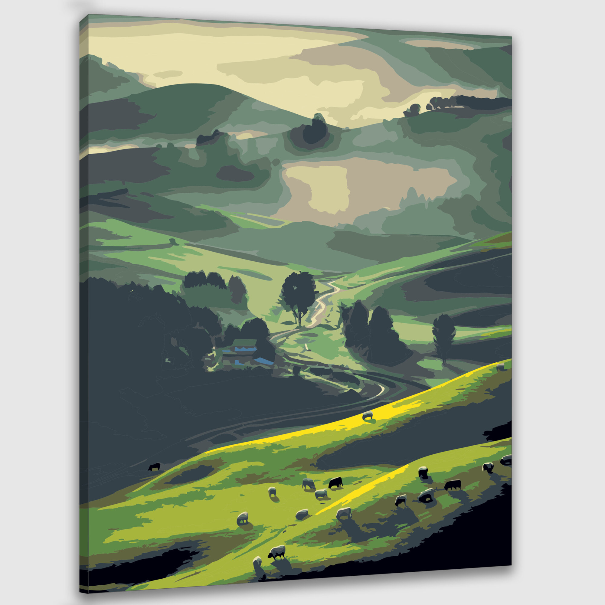 Картина по номерам 40x50 см, фотография, сельский пейзаж, холмы, овцы, зеленая трава, белые шкуры, голубое небо, облака
