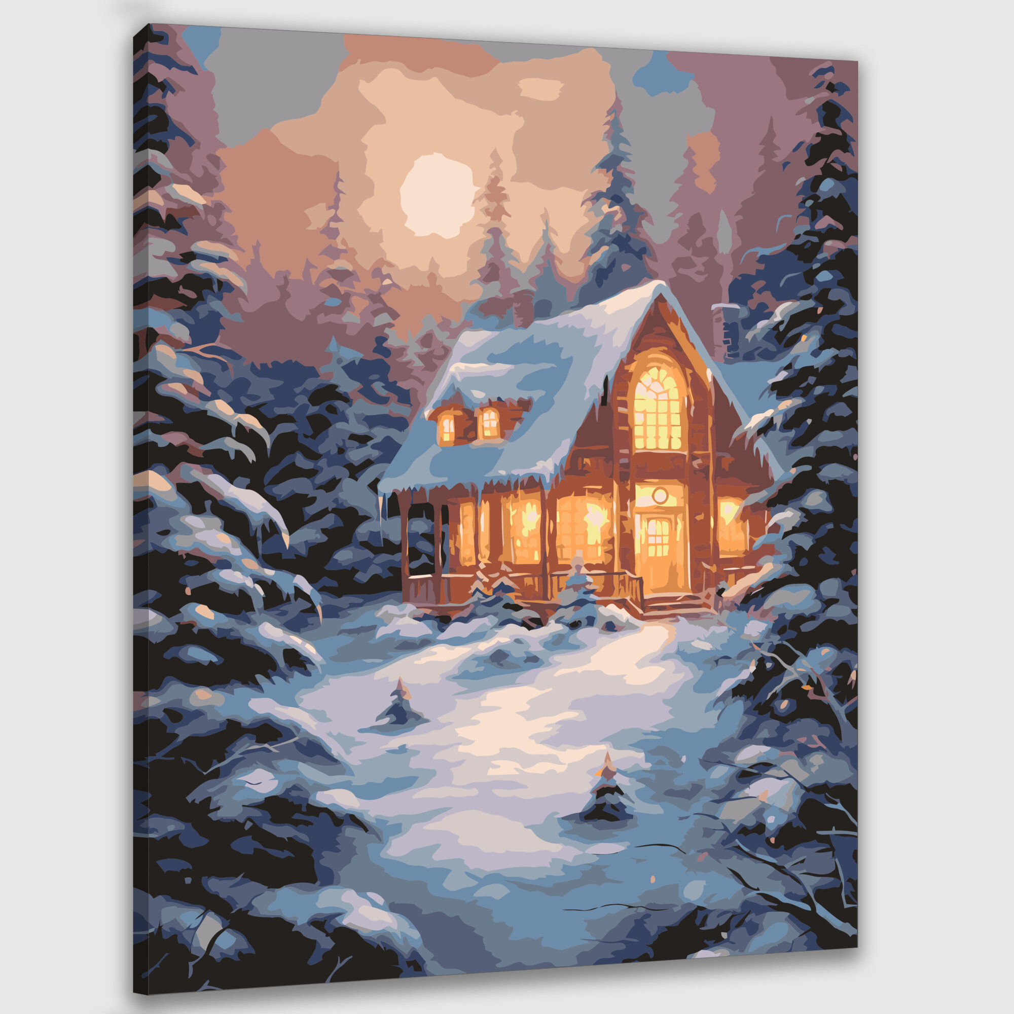 Картина по номерам 40x50 см, картина маслом, снежный сочельник, вечнозеленое дерево, орнаменты, снежинки, свечи