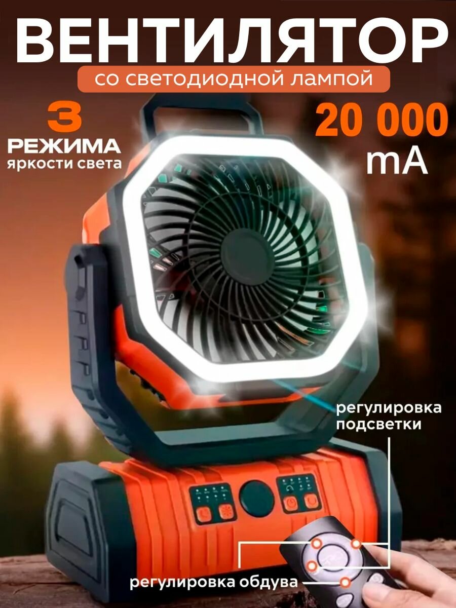 Портативный вентилятор для кемпинга – с солнечной панелью, LED-подсветкой и поворотным механизмом — фото 1