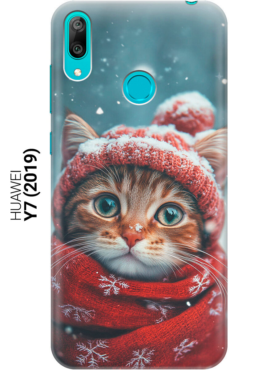 Силиконовый чехол на Huawei Y7 (2019) с принтом "Котик и снегопад"