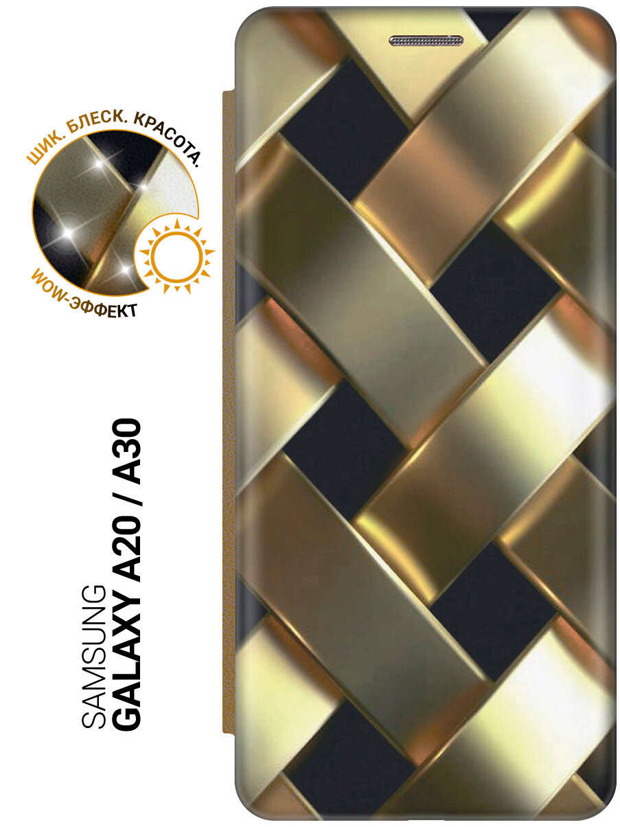Чехол-книжка на Samsung Galaxy A20, A30, Самсунг А20, А30 c принтом "Золотистое плетение" золотистый