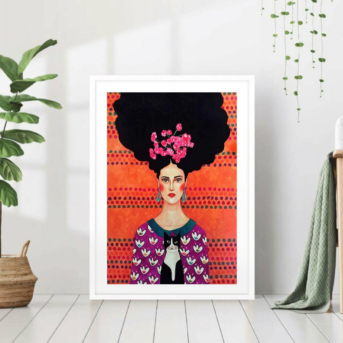 Постер "Девушка с котом на красном" в белой рамке 40х50 см для интерьера на стену