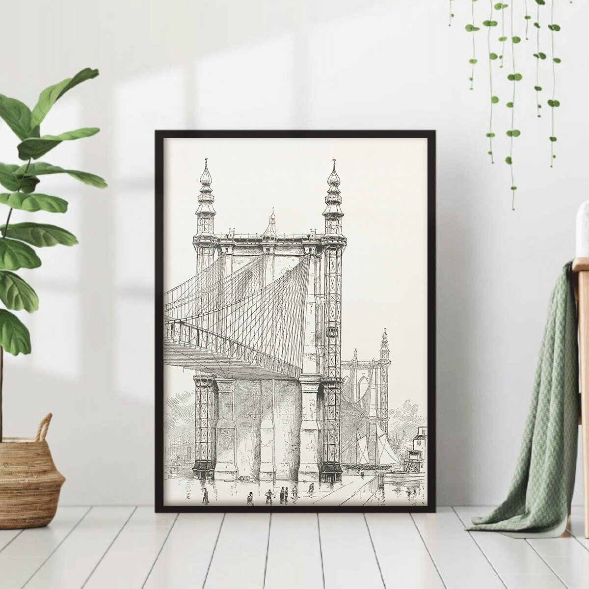Постер "Бруклинский мост ретро иллюстрация" в черной рамке 40x50 см для интерьера на стену