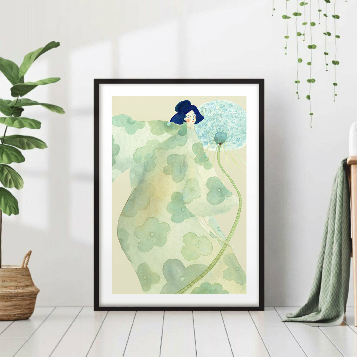 Постер "Девушка и одуванчик" в черной рамке 50х70 см для интерьера на стену