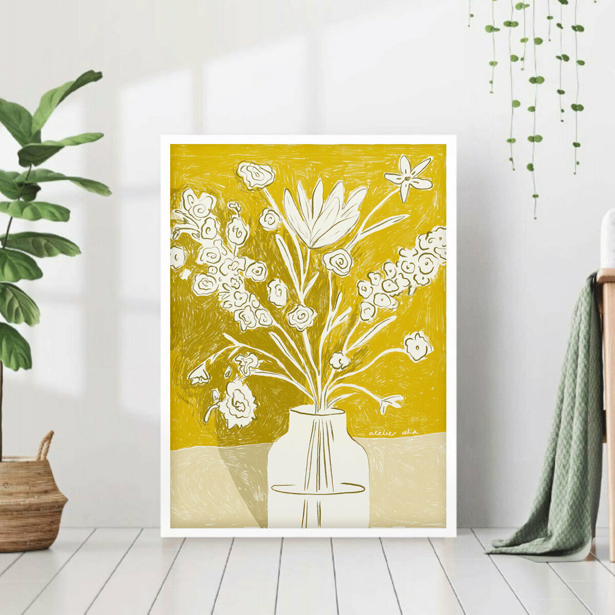 Постер "Букет цветов на желтом фоне" 40x50 в белой рамке для интерьера на стену