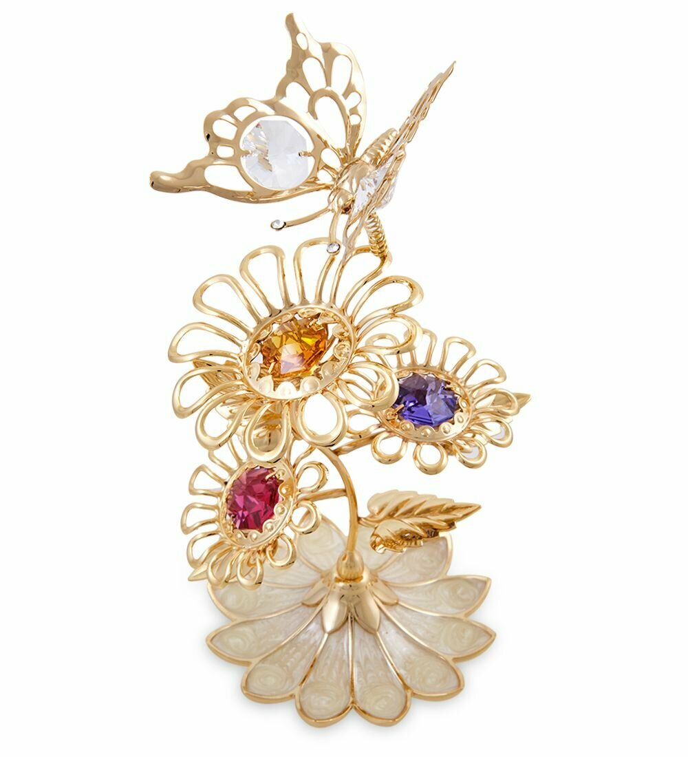 Композиция Бабочка на трех цветках с цветными кристаллами