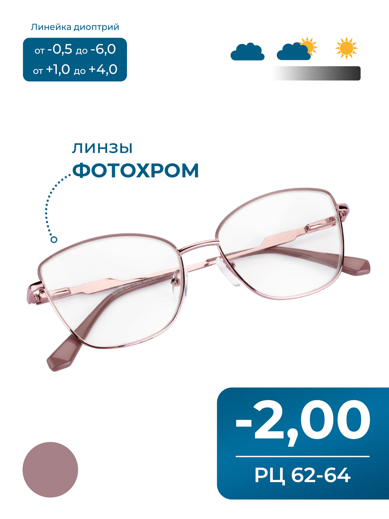 Готовые очки для женщин с фотохромным покрытием (-2.00) GLODIATR 2138 С3, фотохром, UV-400, BLUE BLOCKER, цвет розовый, без футляра, РЦ 62-64