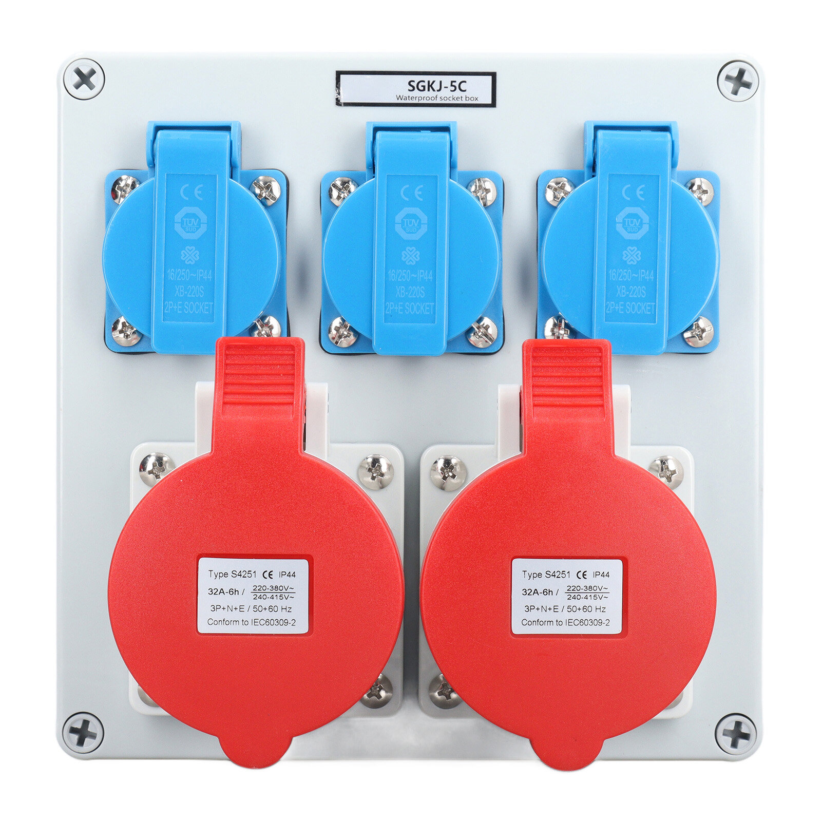 Коробка с электрическими розетками: 3 шт. европейских розеток 16А 250В, 2 шт. CEE розеток 5-контактных 32А, IP44, водонепроницаемая коробка с розетками