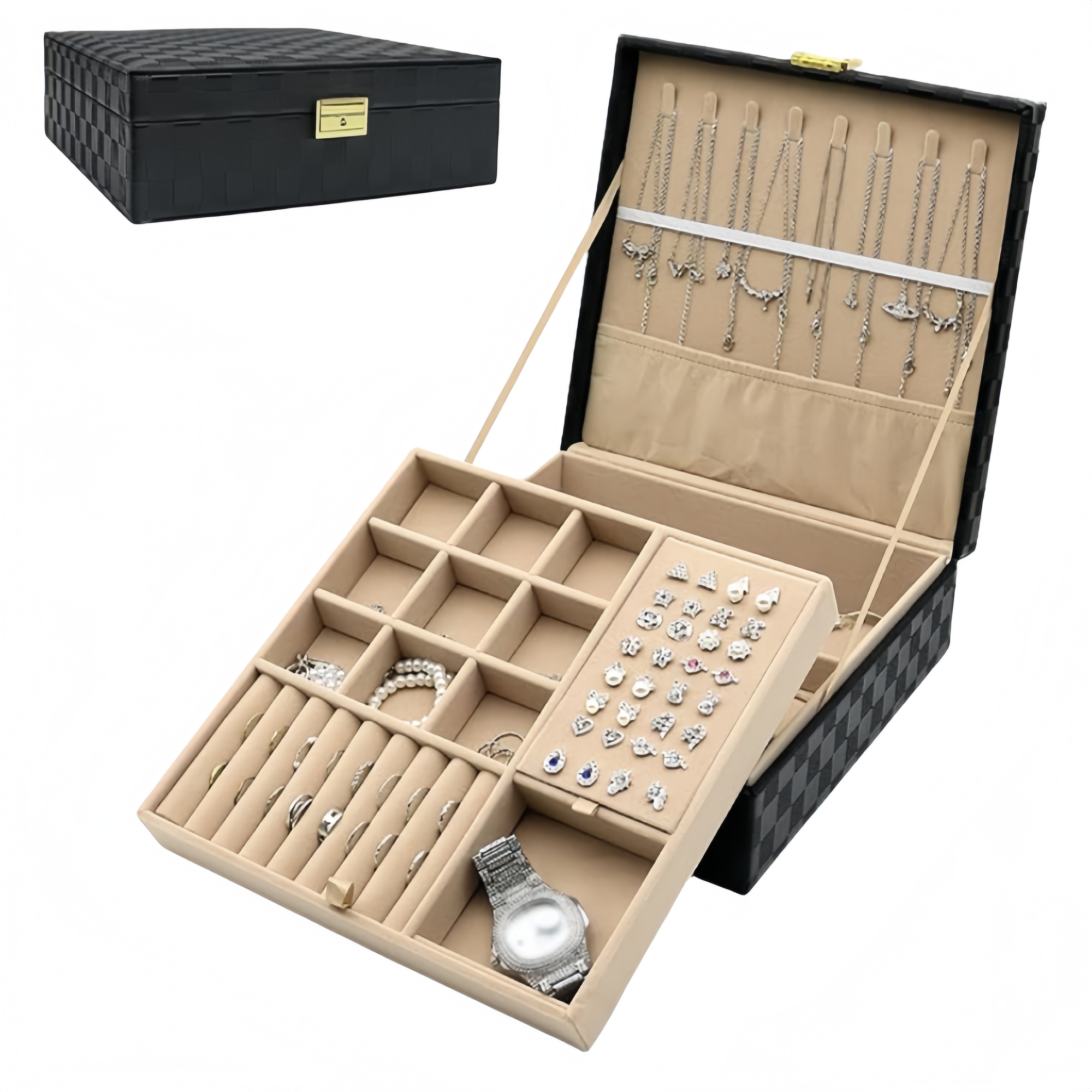 2-слойная большая кожаная коробка для хранения ювелирных изделий серьги, кольца, ожерелья, браслеты, (черный)