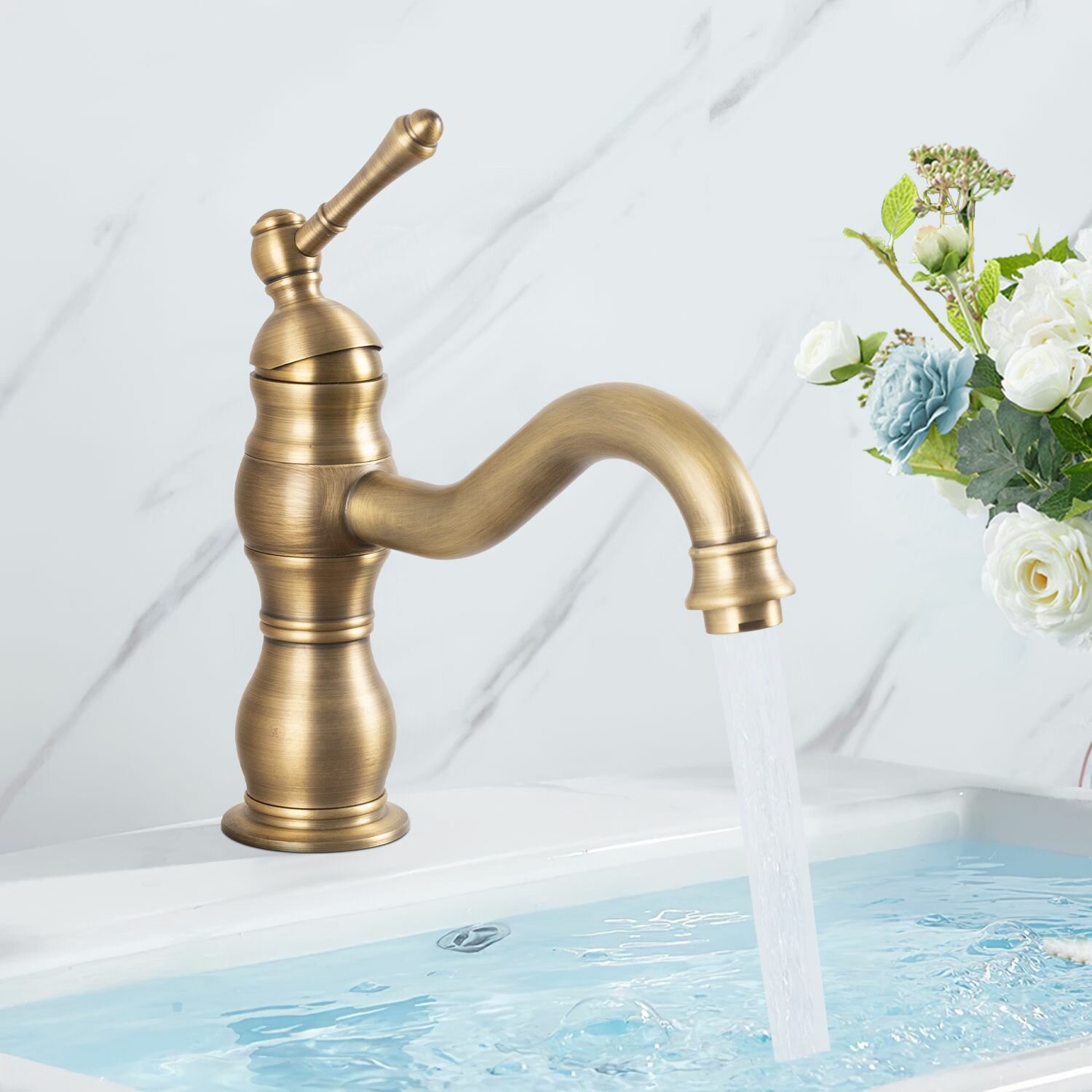 Смеситель для раковины Ретро-стиль, смеситель для ванной комнаты, однорычажное управление, Поворотный излив