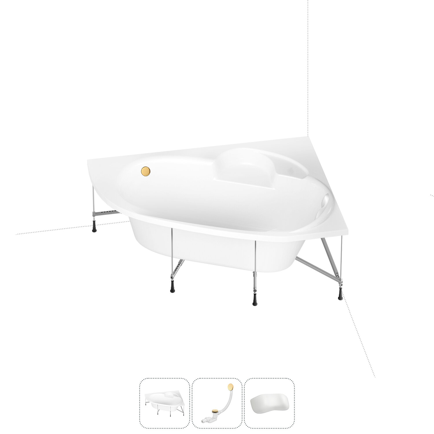 Угловая ванна акриловая 140 x 95 с каркасом Lavinia Boho Bell Pro 20220996R в наборе 4 в 1: асимметричная ванна (правый разворот), каркас, слив-перелив, подголовник