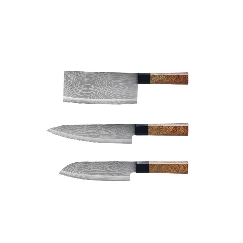 Набор из трех кухонных ножей для дома: нож для нарезки овощей из дамасской стали + нож для нарезки ломтиками из дамасской стали + поварской нож из дамасской стали
