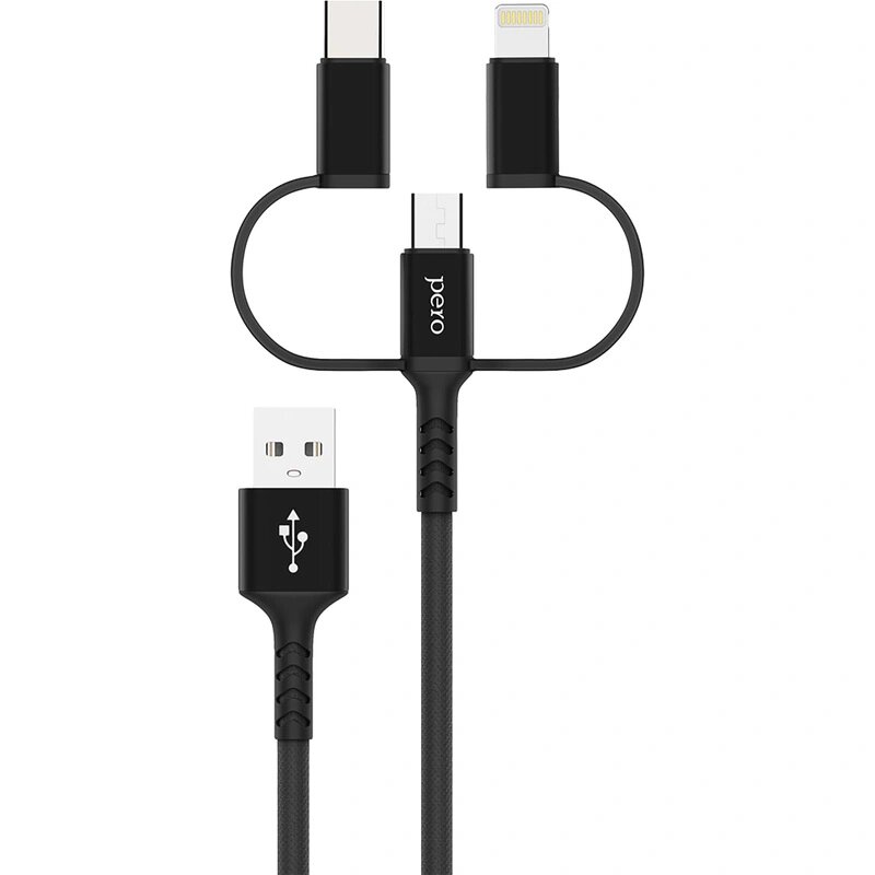 Кабель USB PERO DC-06 3 in 1 (Lightning/micro USB/Type-C), 3А, 1м, черный