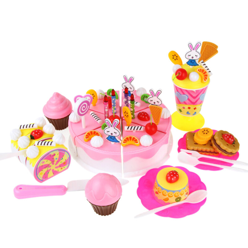 Ролевые игры с едой для детей, 70 шт. Набор для нарезки тортов на день рождения со свечами, фруктовый десерт, кухня для детей, малышей, мальчиков и девочек, возраст 3, 4, 5 лет, розовый