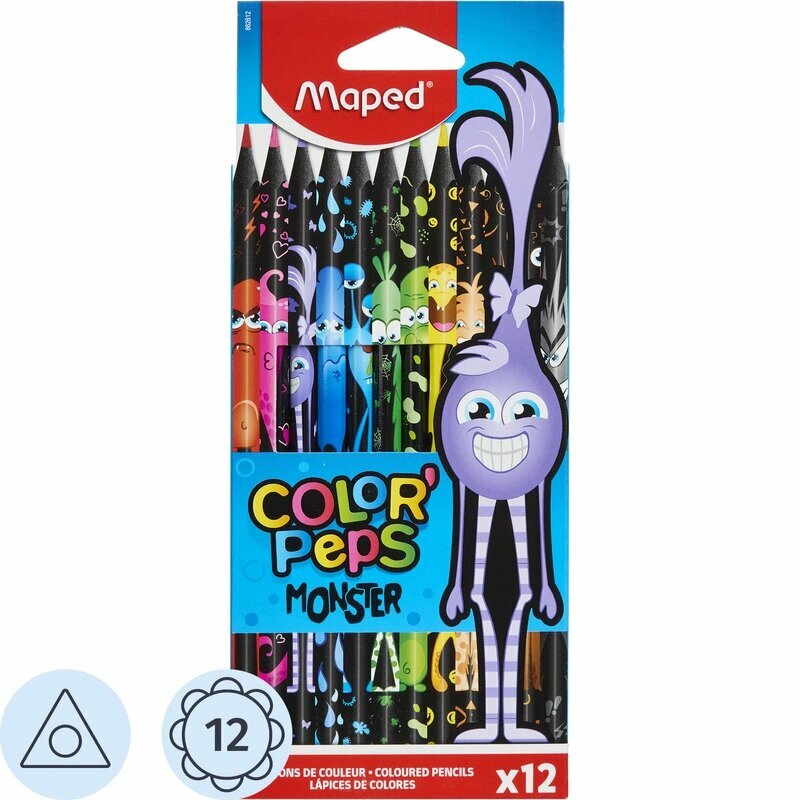 Карандаши цветные Maped BLACK MONSTER трехгранные, пластик,12цв/наб,862612
