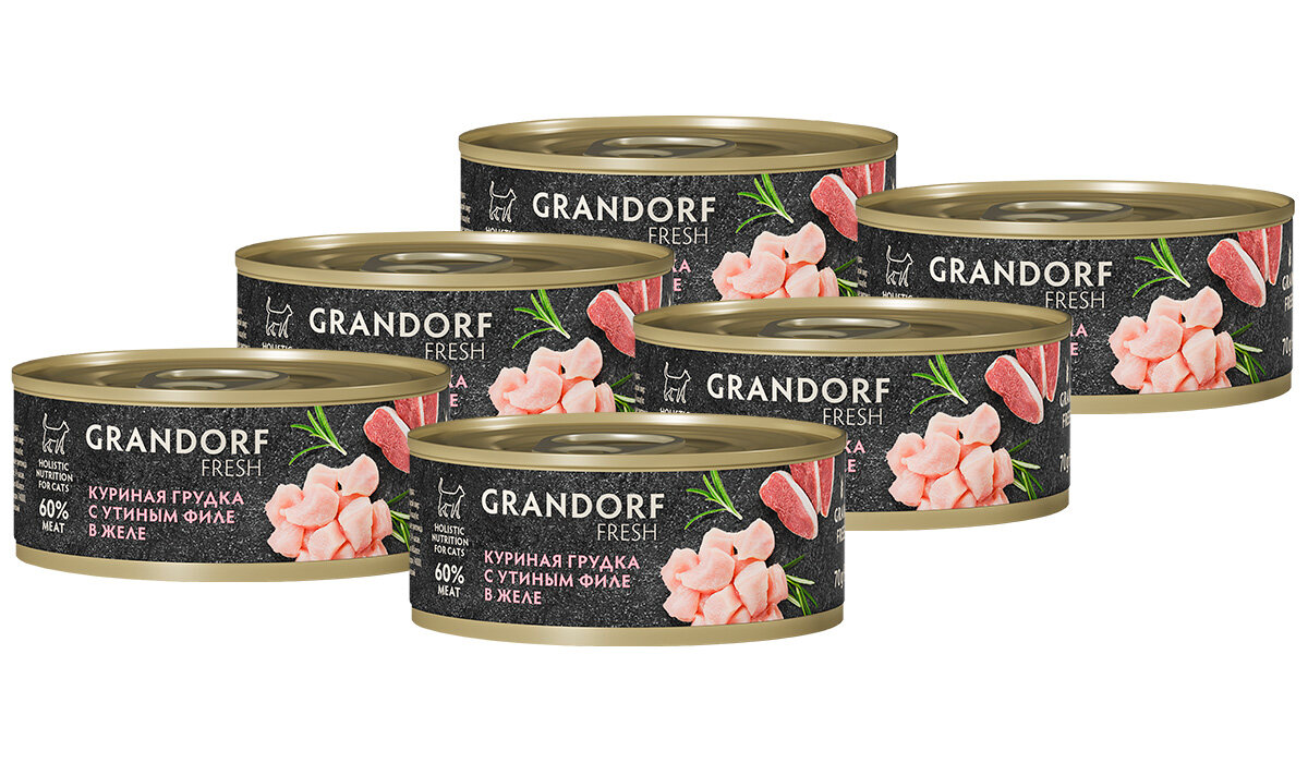 Корм влажный Grandorf Fresh для взрослых кошек с куриной грудкой и утиным филе в желе, 70 г х 6 шт