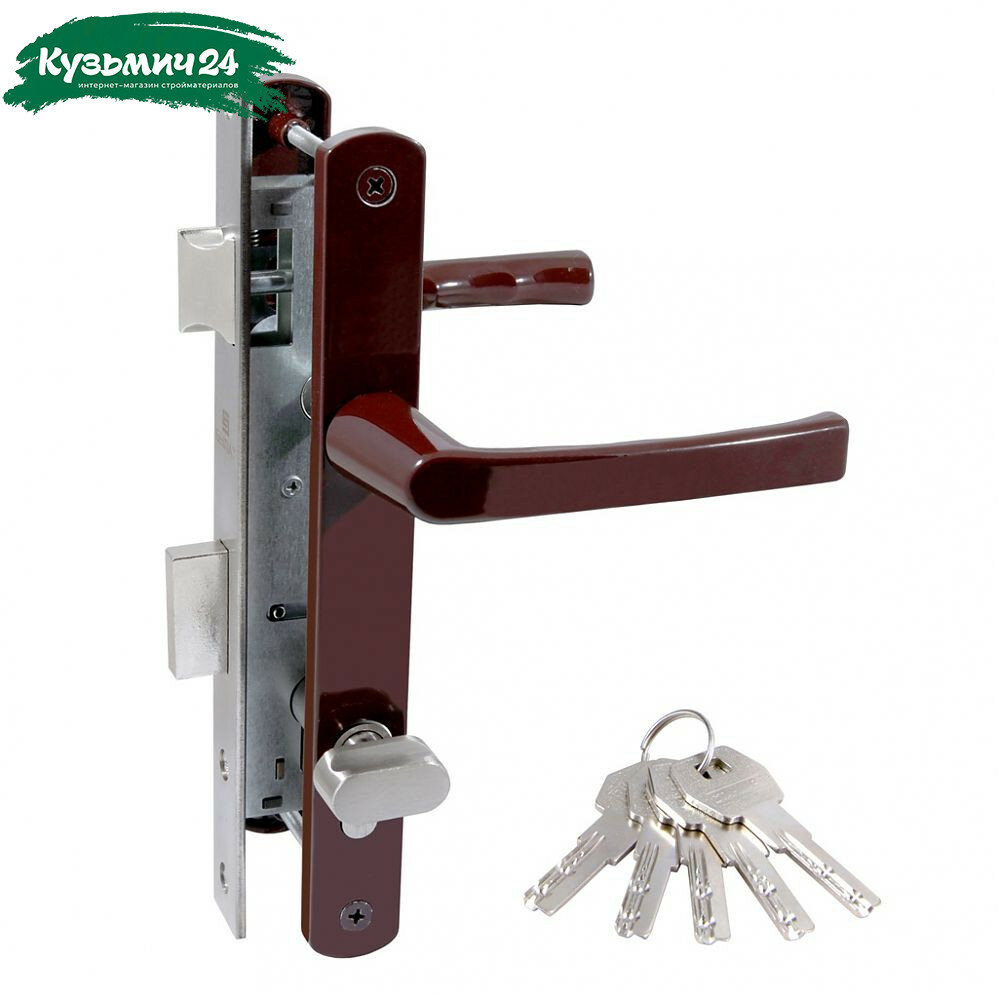 Замок врезной для калитки Булат ЗВ4-1В.25.01.8017 с ручками, коричневый