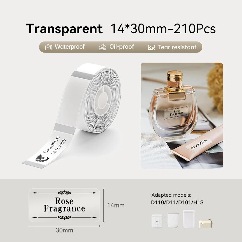 Ниимбот этикетки для принтеров D11/D110/D101/H1S, водонепроницаемые, маслостойкие, Clear 14x30mm