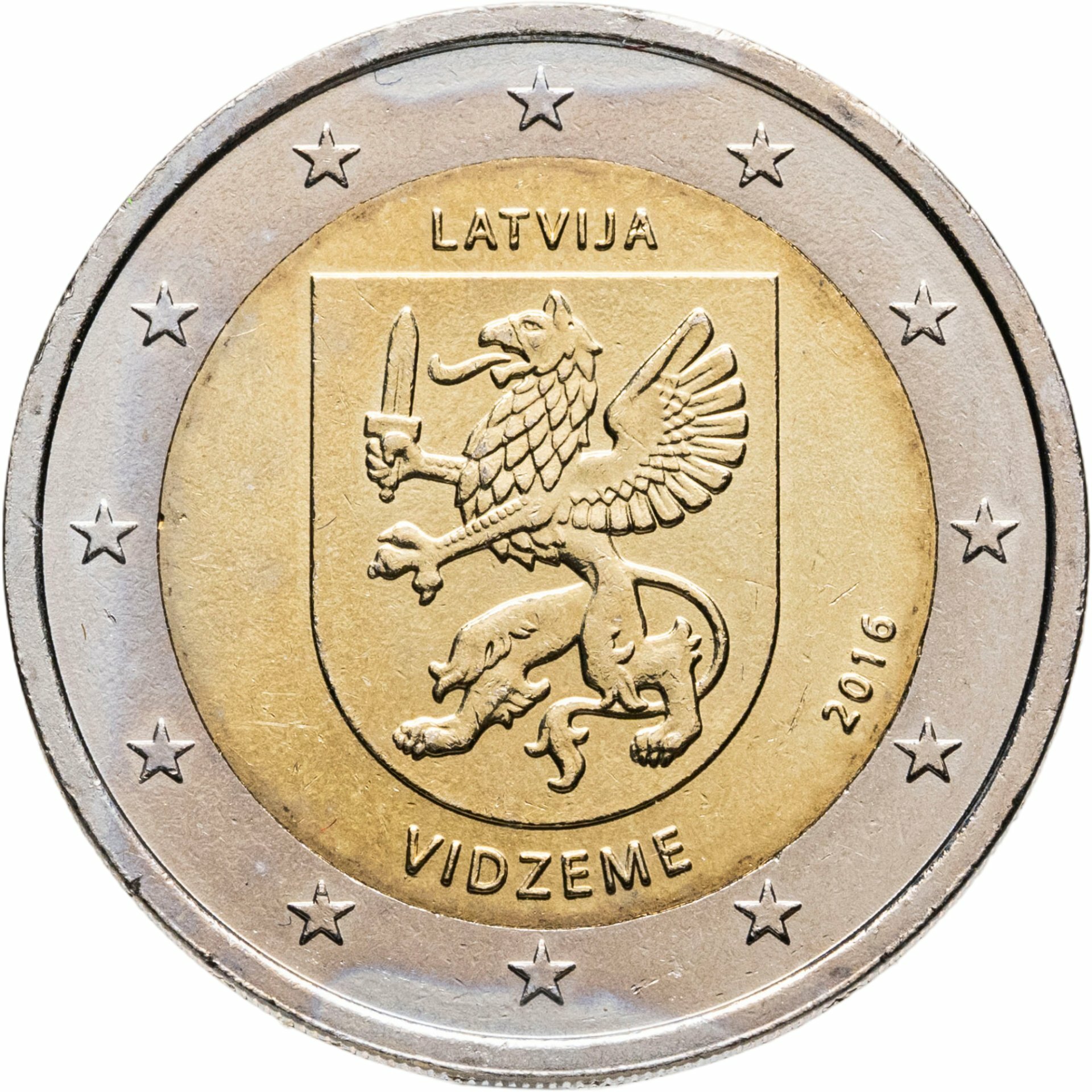 Латвия 2 евро 2016 Исторические области Латвии - Видземе, Биметалл, в сохранности UNC