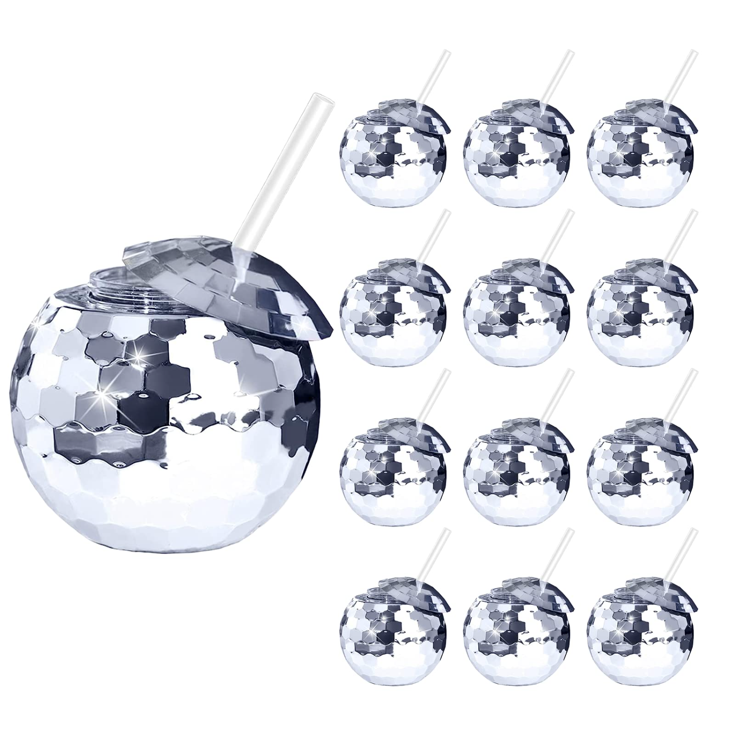 ZHURUININ - 12 Многоразовых Кубков Disco Ball, 20oz, с Крышками и Трубочками, для Клубов, Баров, Вина, Сиропа, Чайных Бутылок (Серебро)