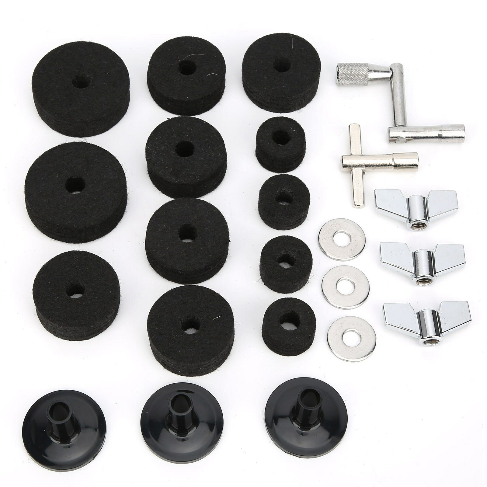 23Pcs Drum Felt Pad Cymbal Kit Non-Slip with Base Wing Nuts Washer Percussion Accessories(Black )