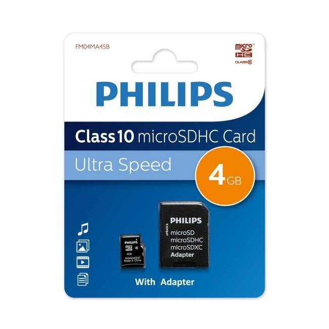 PHILIPS microSDHC Memory Card 4Gb Class10 + microSD-->SD Adapter