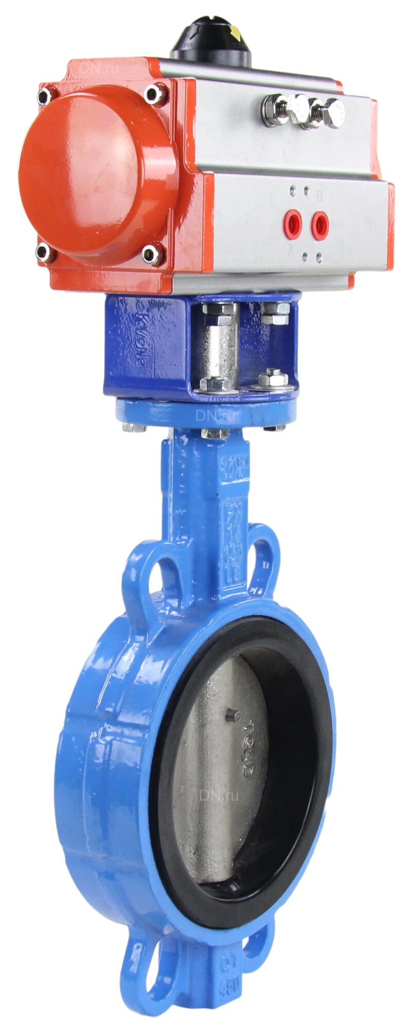 Затвор дисковый поворотный DN.ru GGG50-GGG40-EPDM Ду40 Ру16, корпус - чугун GGG50, диск - чугун GGG40, уплотнение - EPDM, с пневмоприводом DN. ru PA-DA-065 двойного действия