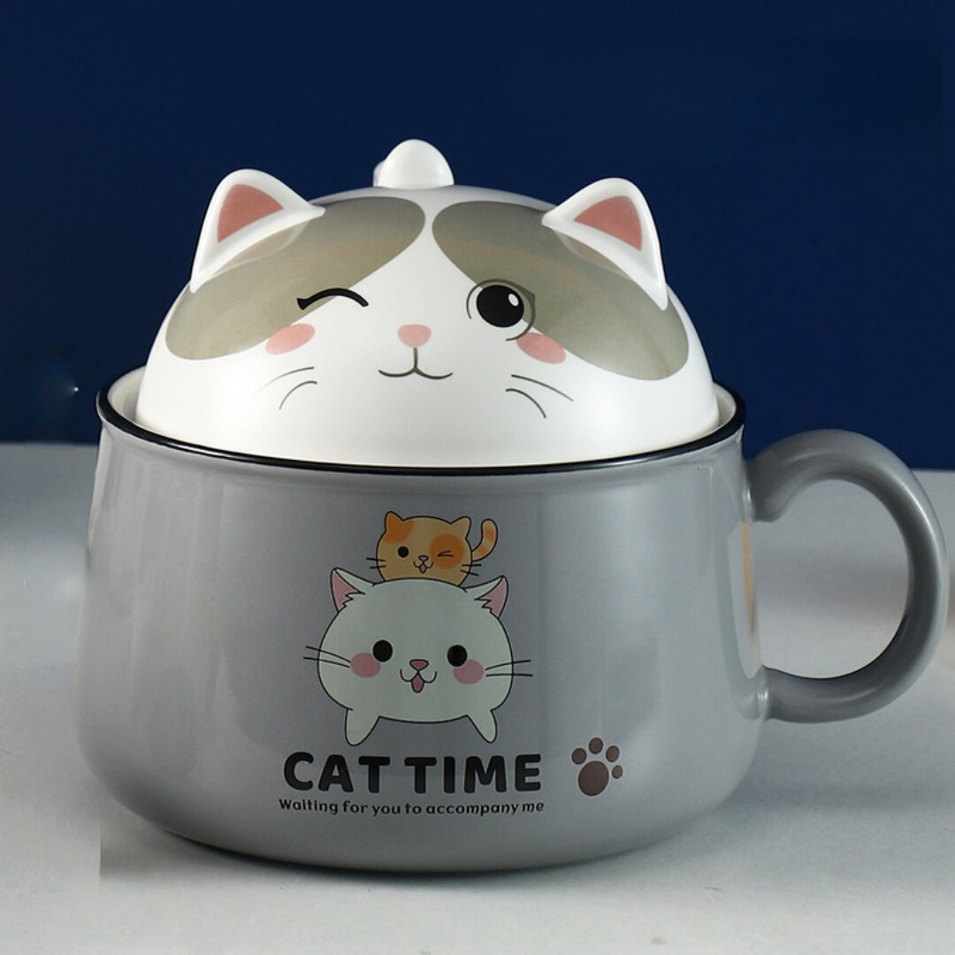 Серый эксклюзивный контейнер Kitten для рамена 1020 мл с крышкой и возможностью разогрева в микроволновке