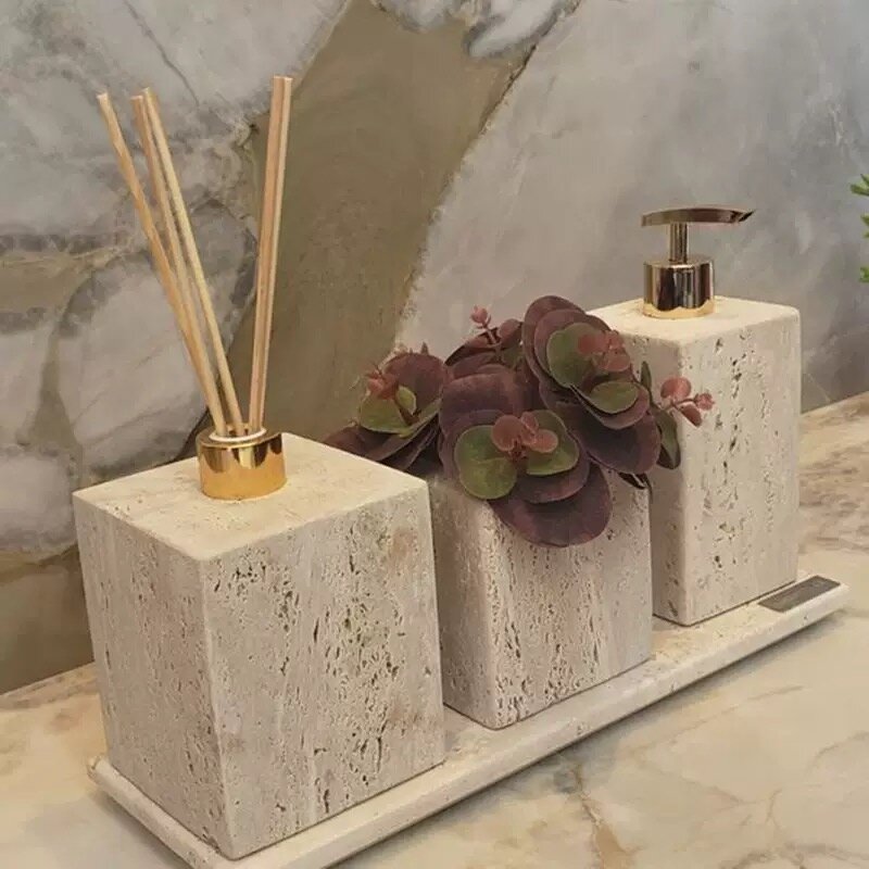 Мыльница из натурального мрамора, декоративные предметы, набор из 4 предметов, включая поднос