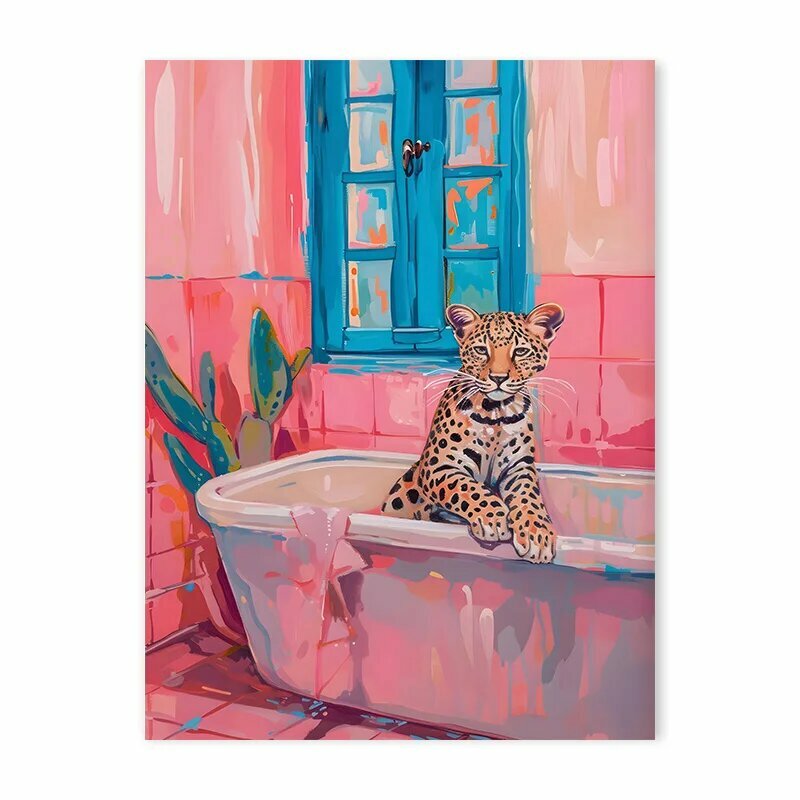 Картина на холсте "Леопард в ванной", 20x25см, Розовый, 01, No Framed