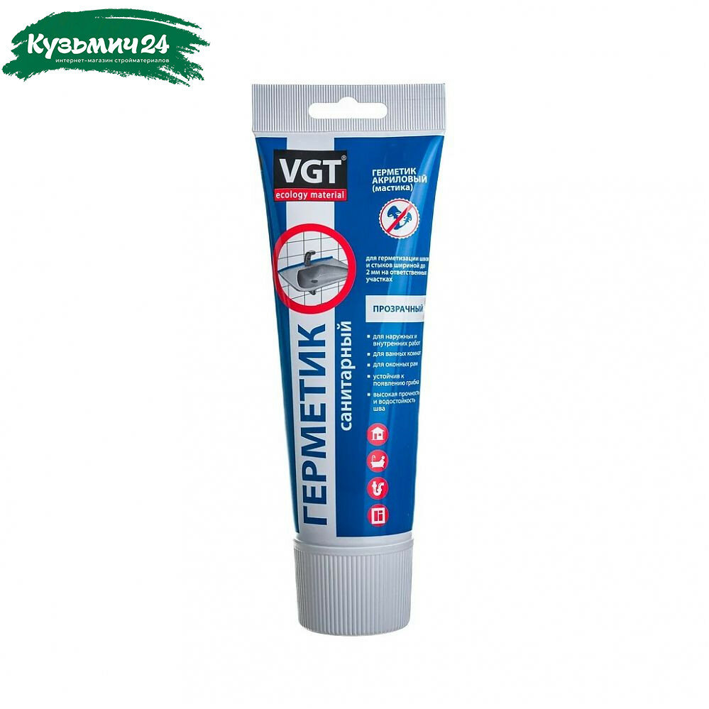 Герметик акриловый VGT, санитарный, для внутренних и наружных работ, прозрачный 250 г