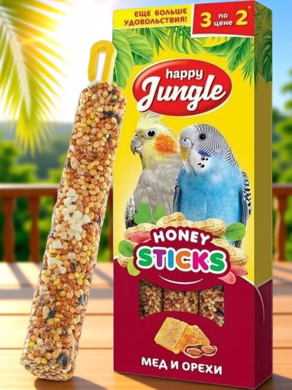 Happy Jungle, Лакомство для птиц, Палочки Мед и Орехи, 1уп* 90 гр