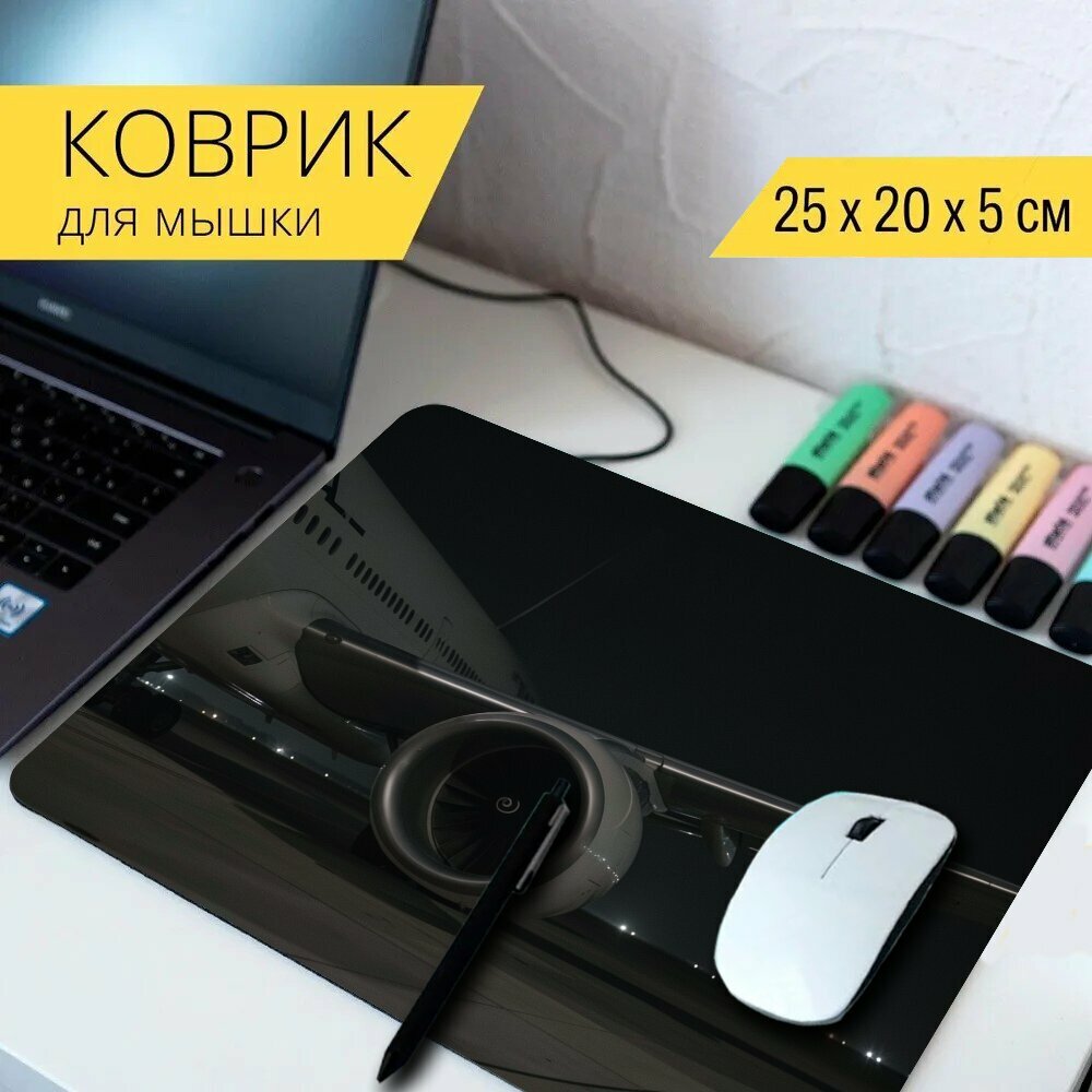 Коврик для мыши с принтом "Крыло и турбина самолета. Крупный фрагмент воздушного судна на аэродроме: металлический гондольный двигатель, темный асфальт, редкие огни вдали." 25x20см.