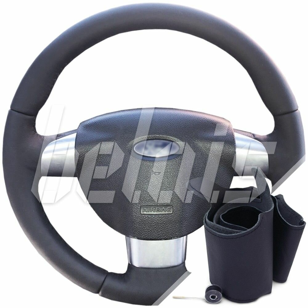 Оплетка на руль из натуральной кожи Ford Focus II 2005-2011 г. в, трехспицевый (для замены штатной кожи, черная)