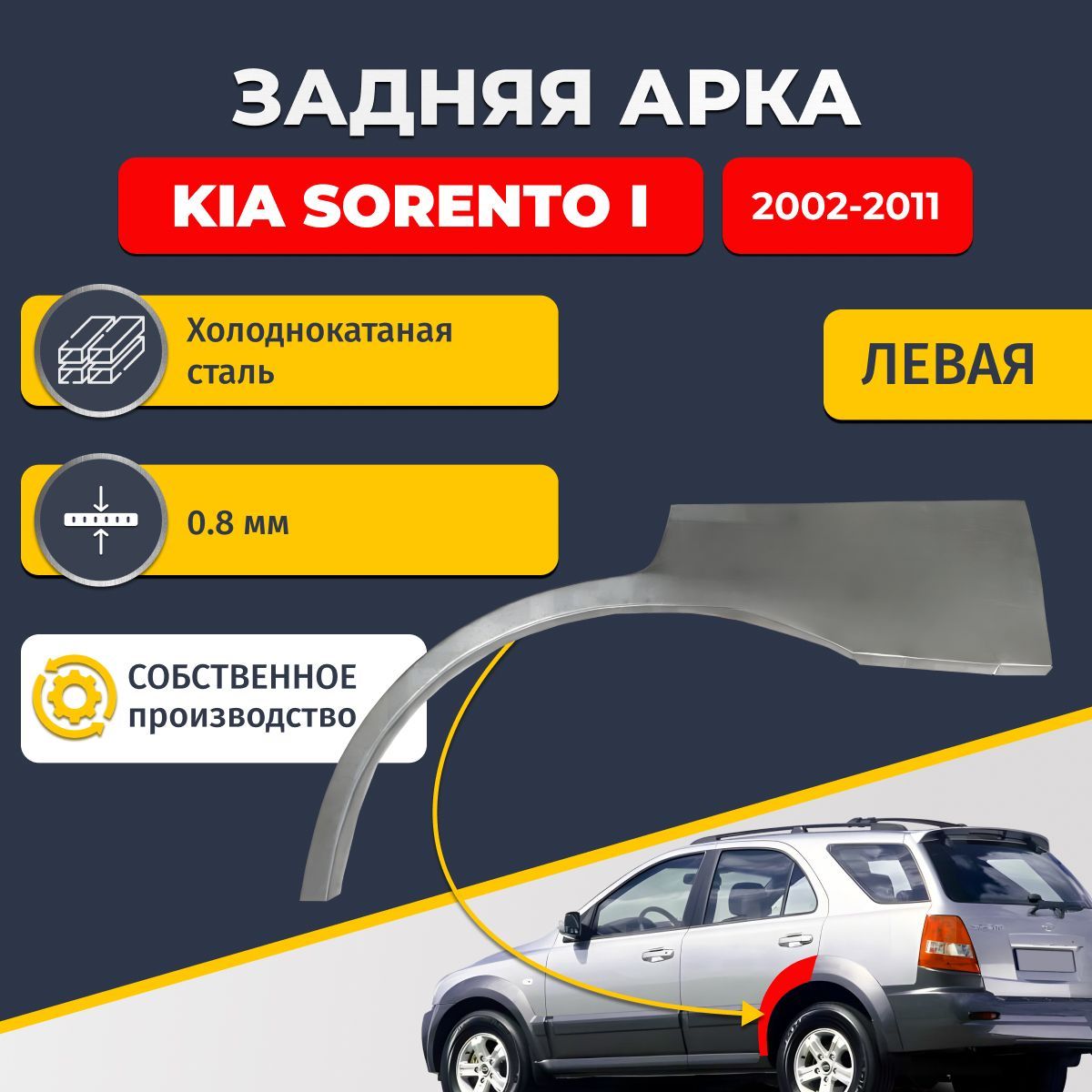 Левая задняя ремонтная арка для автомобиля Kia Sorento 1 2002-2011 (Киа Соренто 1). Холоднокатаная сталь 0,8мм.