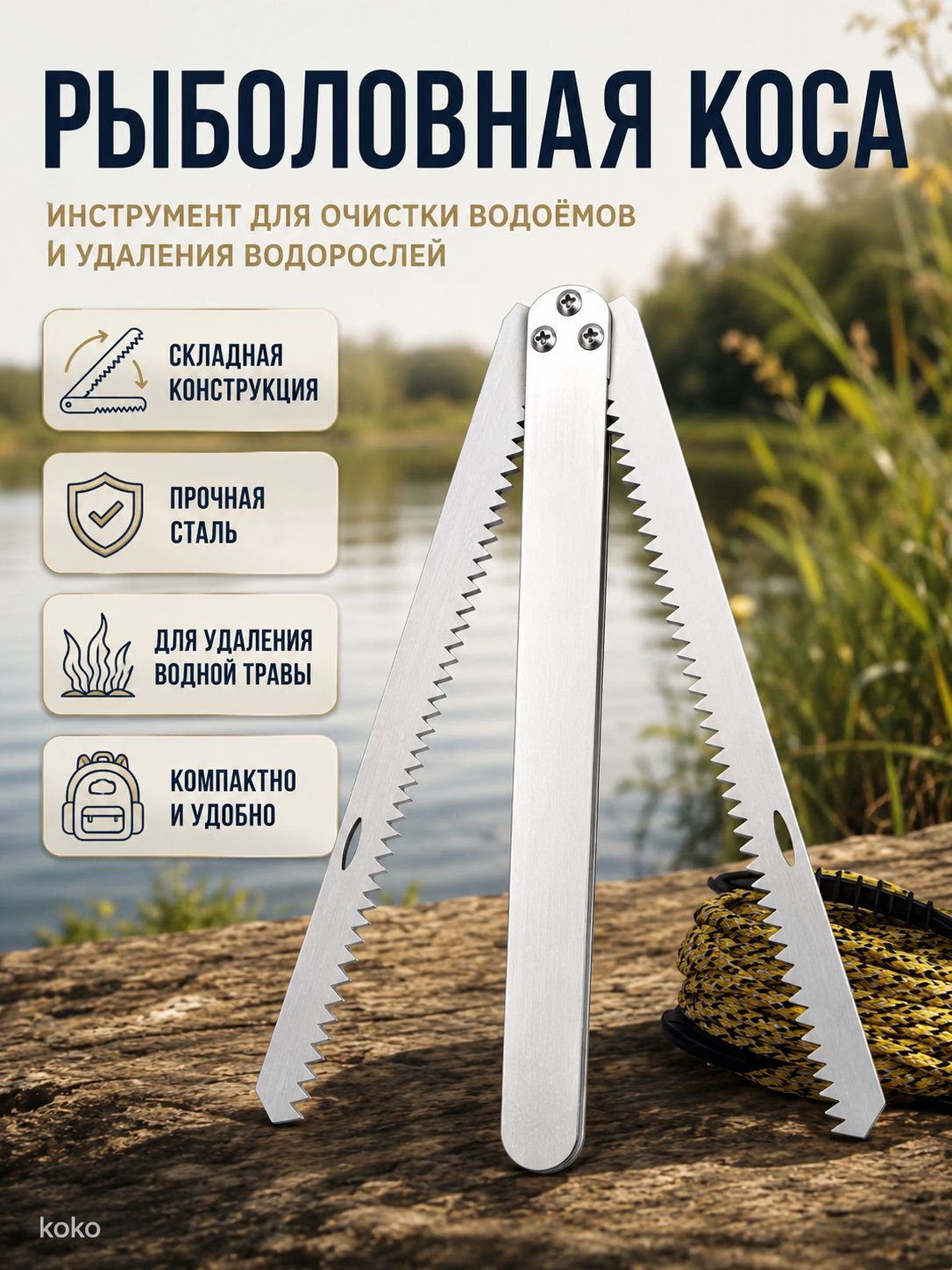 Рыболовная коса для водной травы, складной металлический нож-скребок для удаления водорослей, инструмент для очистки пруда, озера и мелководья
