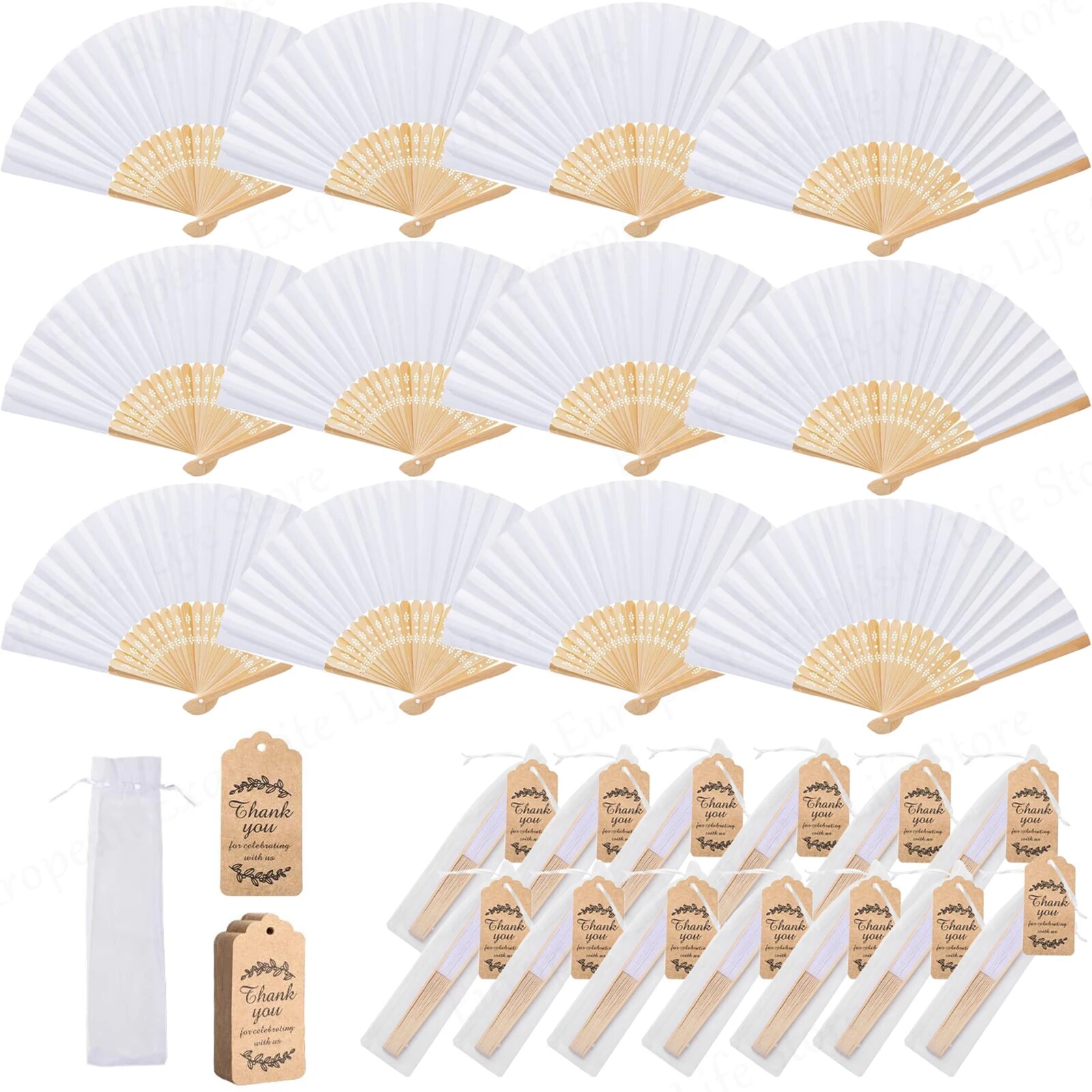 Бамбуковые белые складные веера XMSJ 12Sets, White Fan with Bags