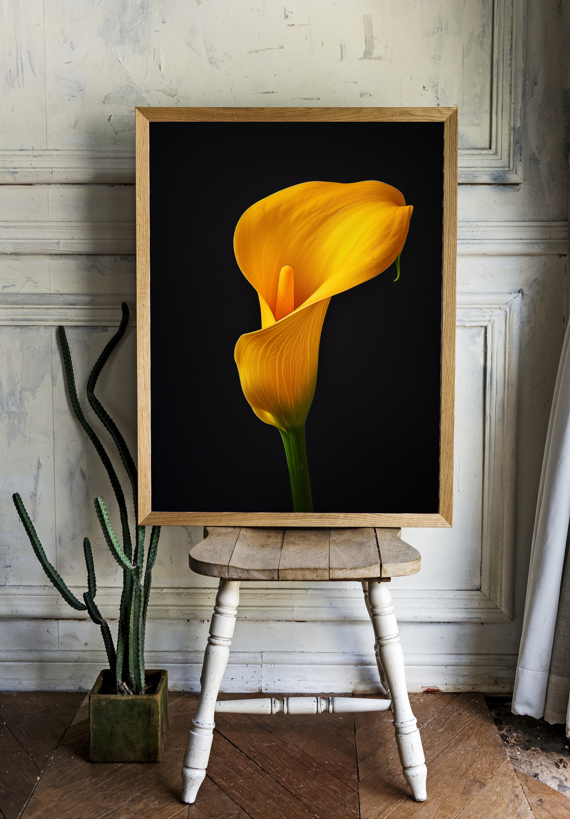 Постер "Желтая калла на черном" 50x70 в раме