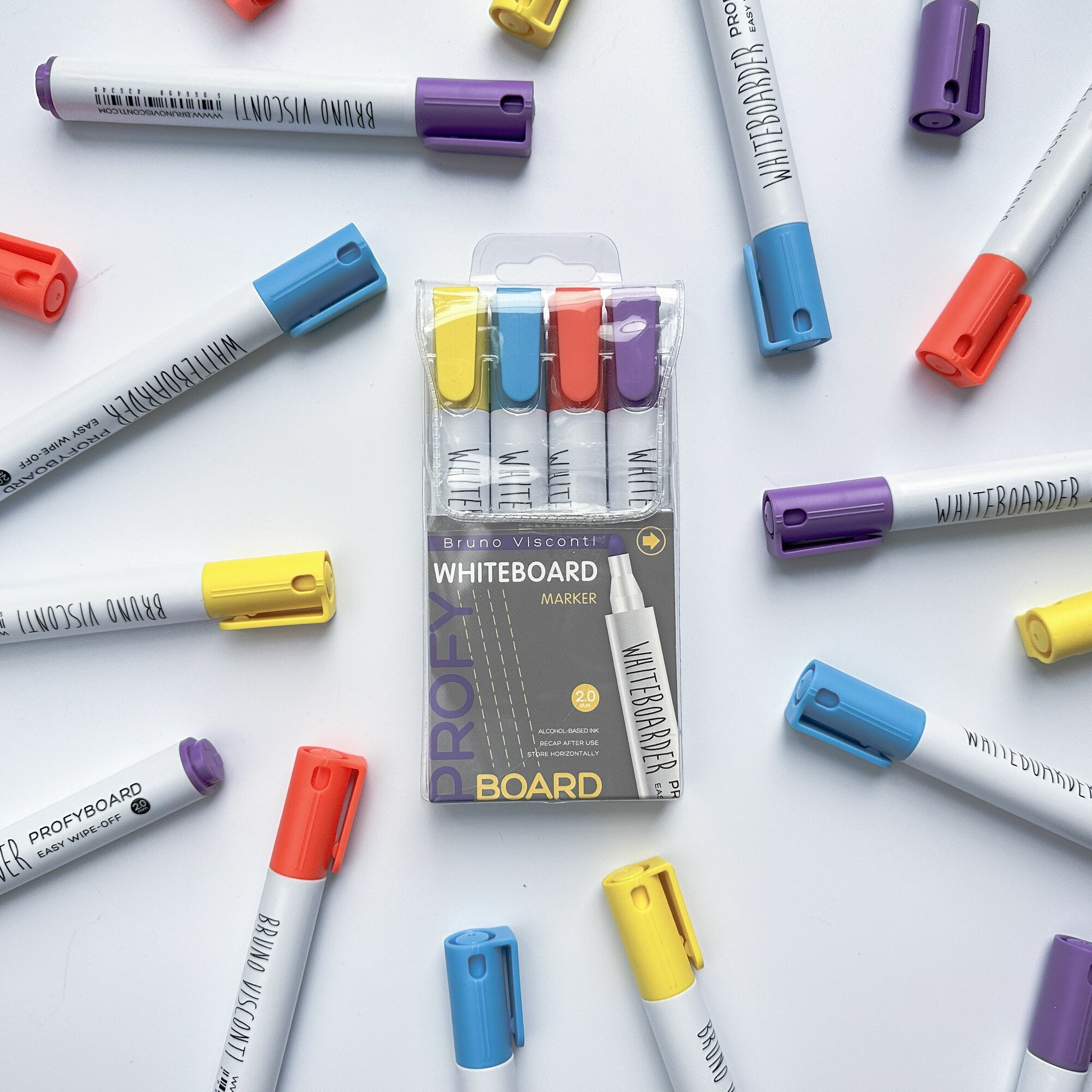 Маркеры для магнитной доски спиртовые Bruno Visconti "PROFYBOARD" набор 4 цвета ( желтый, голубой, оранжевый, фиолетовый ) / набор маркеров для белой доски / фломастеры для рисования арт.22-0141