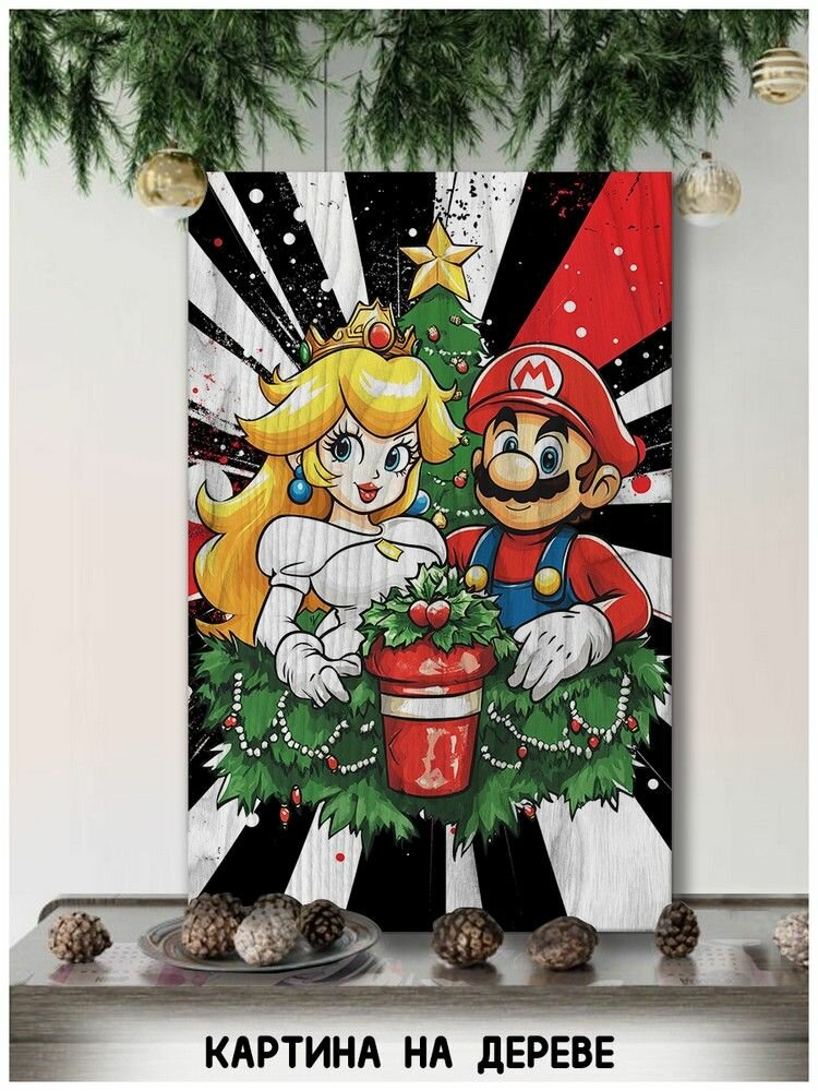 Картина интерьерная на дереве игра Mario (Марио, Super Mario Bros) - 16050 В