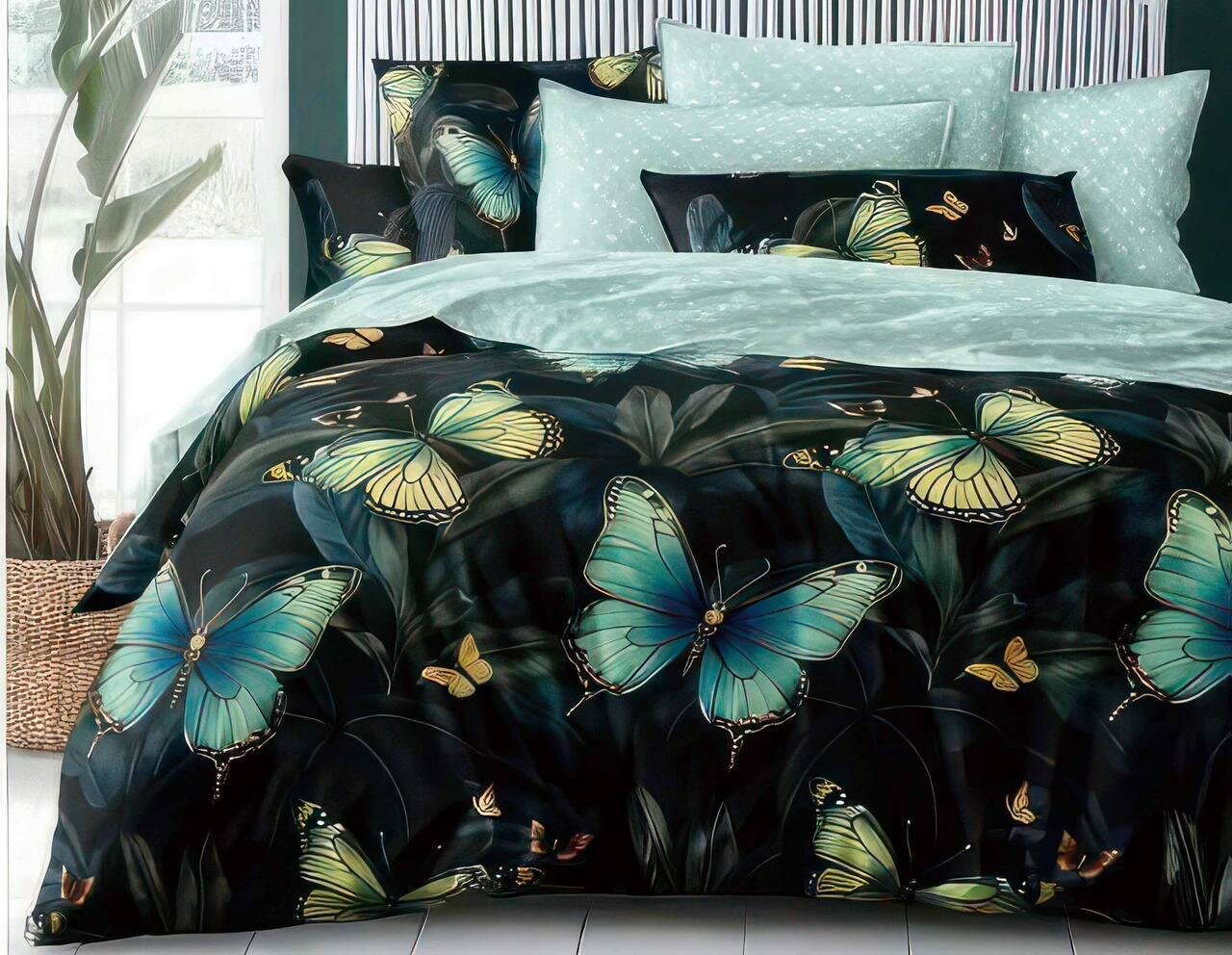 Комплект Постельного белья 2-х спальное Голубой Бабочки/ простыня 180x220 / пододеяльник 180x220 / Наволочки 70x70-2