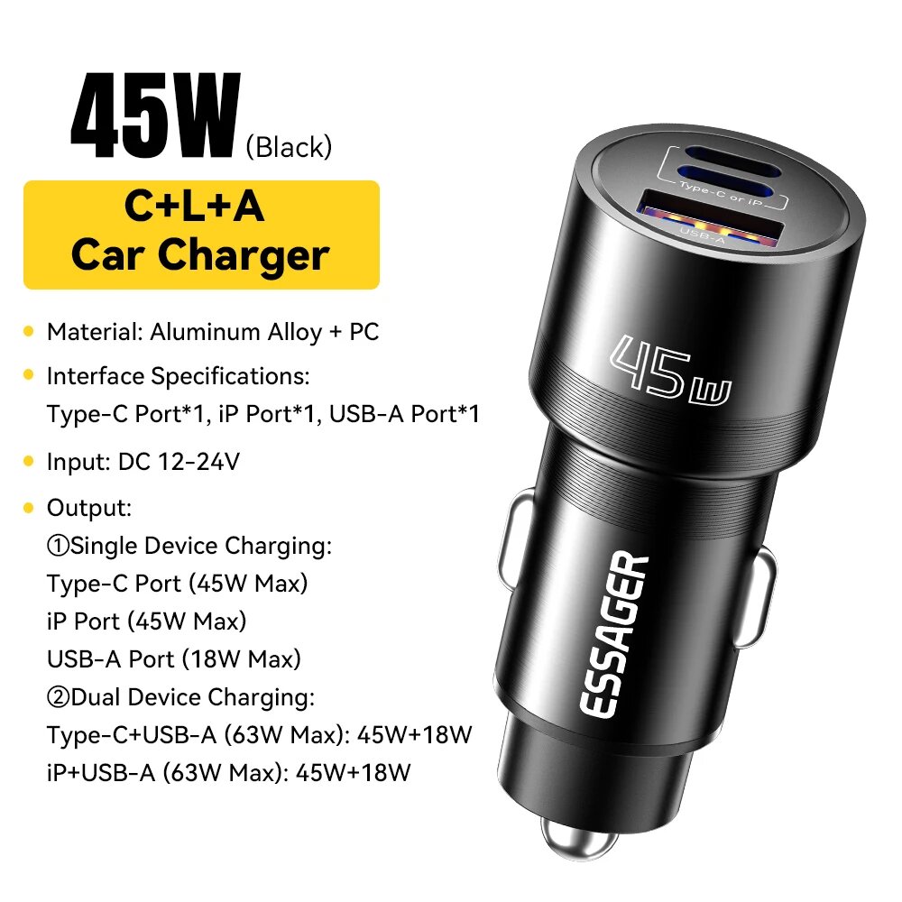 Автомобильное зарядное Essager 45W Black Type-C USB