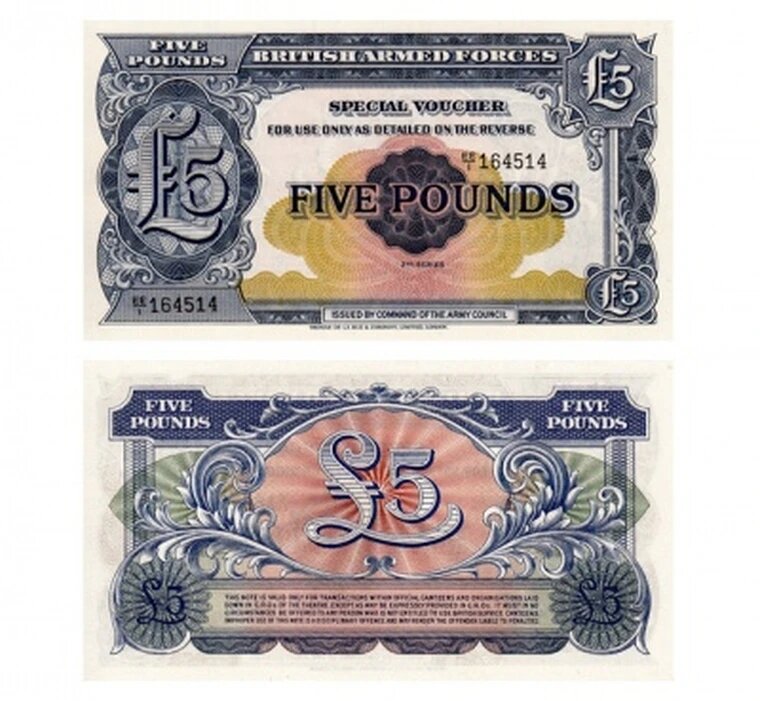 5 фунтов 1947 Великобритания, 2 выпуск для вооруженных сил сувенирная копия, банкноты и купюры редкие коллекционные