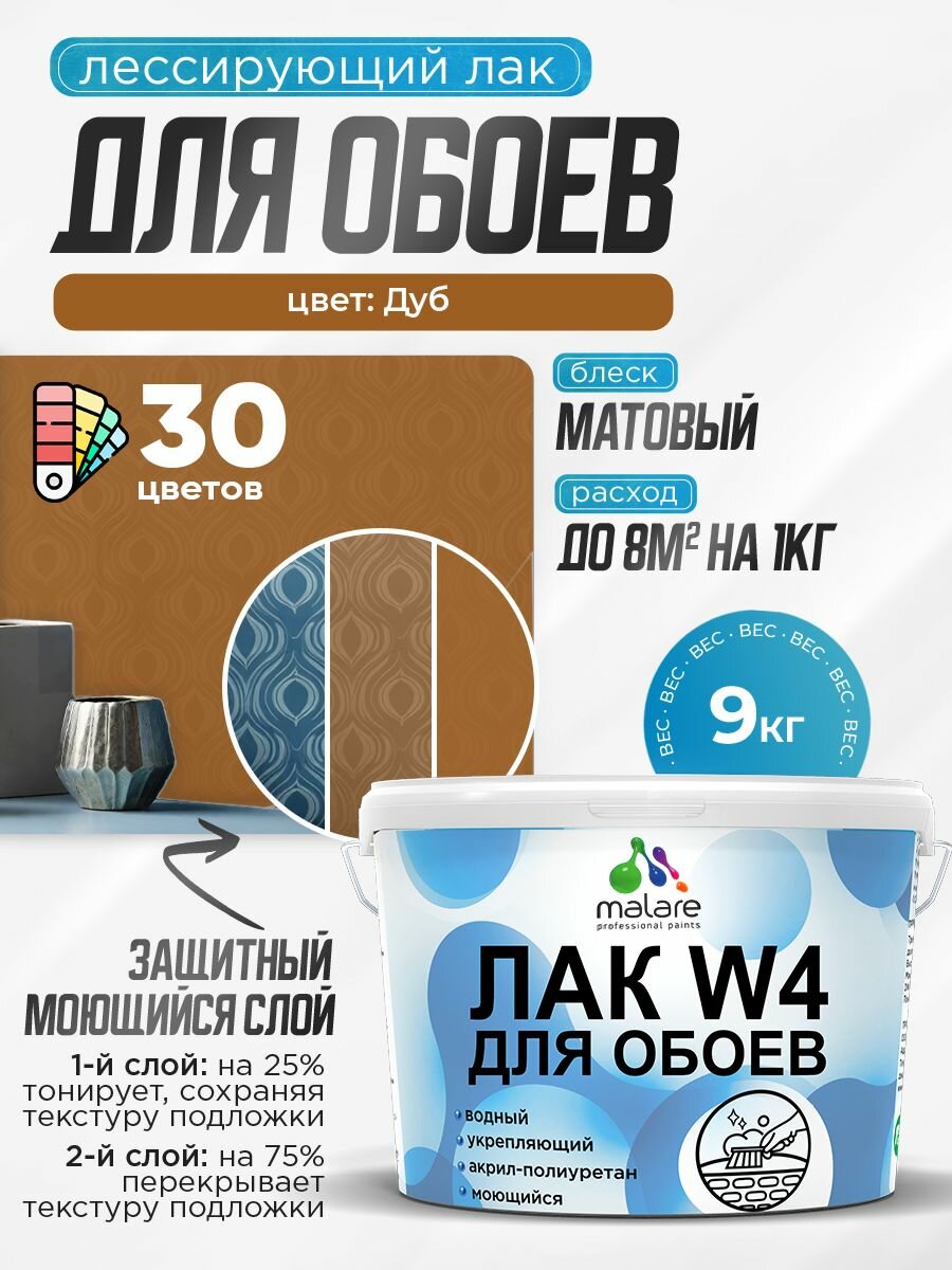 Лак колерованный тонирующий для защиты обоев Malare W4 универсальный для дерева и минеральных поверхностей, водный без запаха быстросохнущий, матовый, дуб, 9 кг.