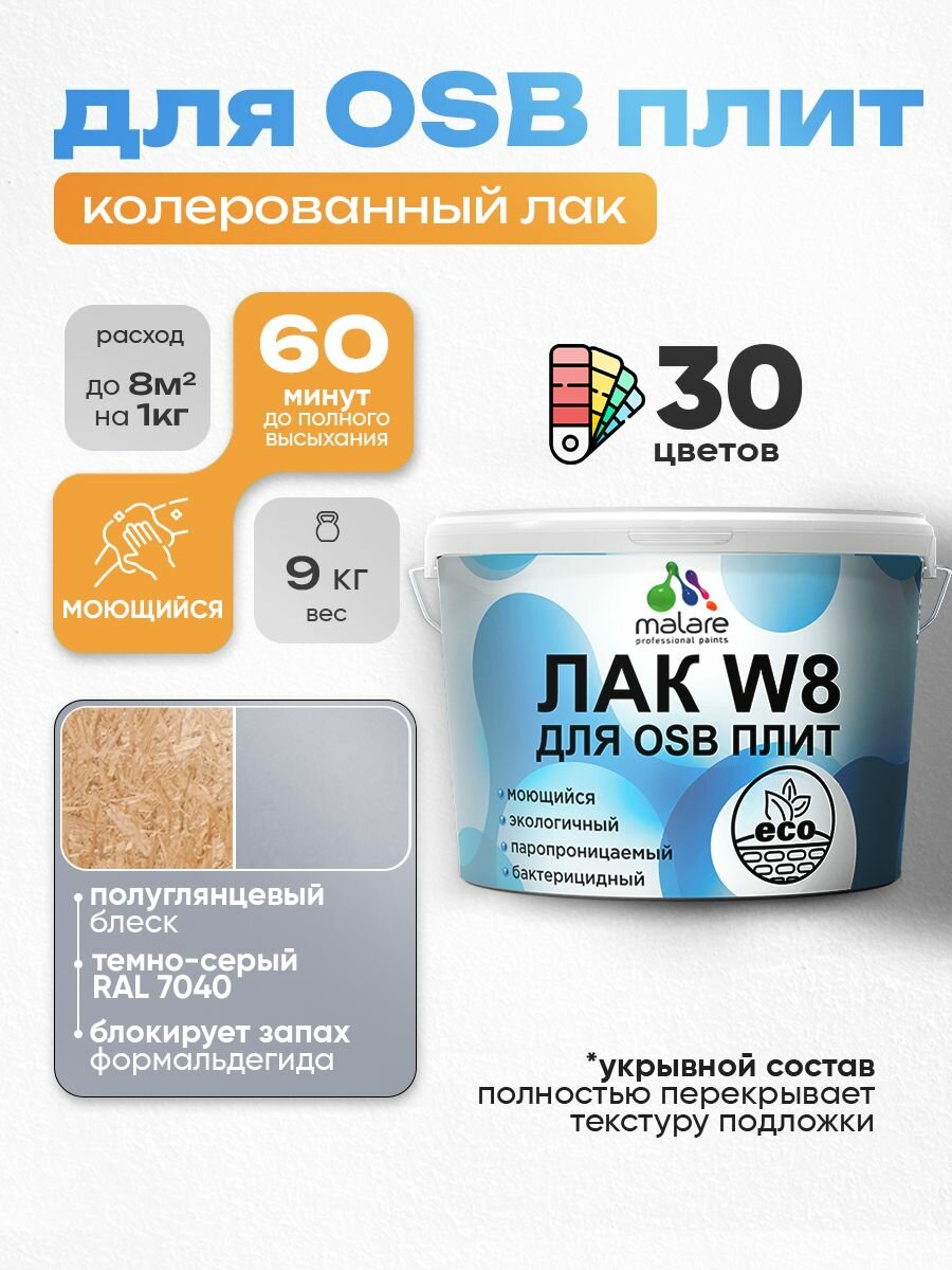 Лак колерованный укрывной для защиты ОСБ плит Malare W8 универсальный для дерева и минеральных поверхностей, паропроницаемый водный без запаха, полуглянцевый RAL 7040 темно-серый, 9 кг.