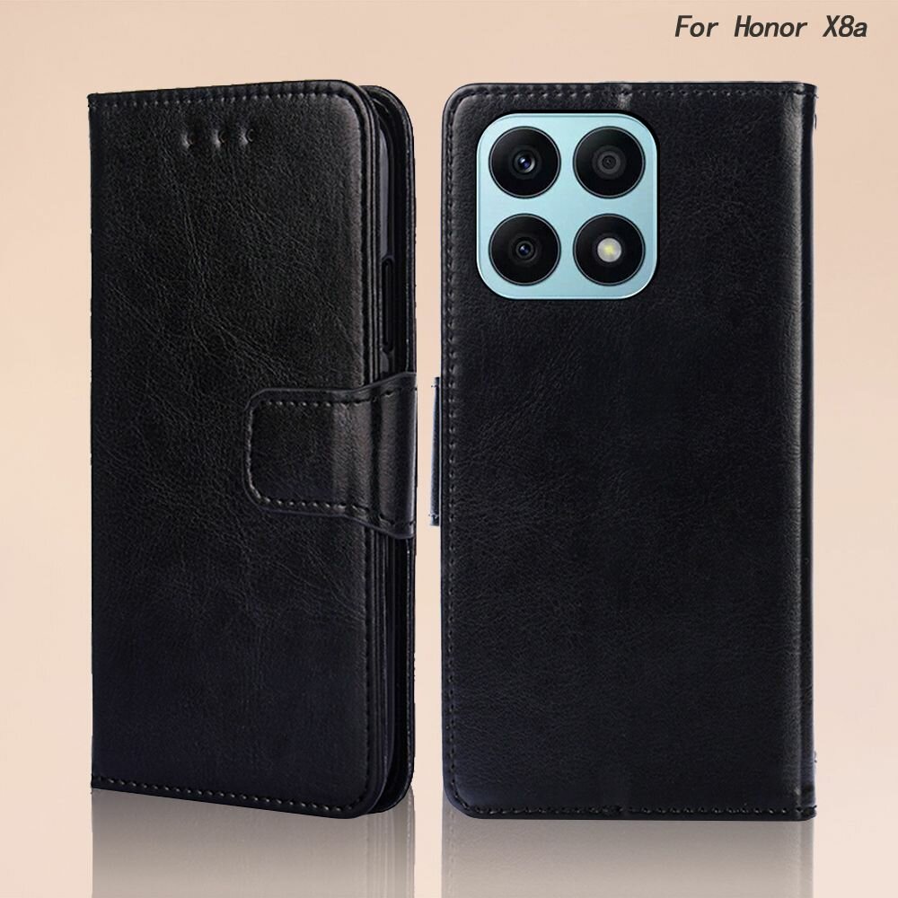 Чехол-книжка подходит для Хонор Икс 8a (на Honor X8a), противоударный с магнитом, с защита камеры,(черный)